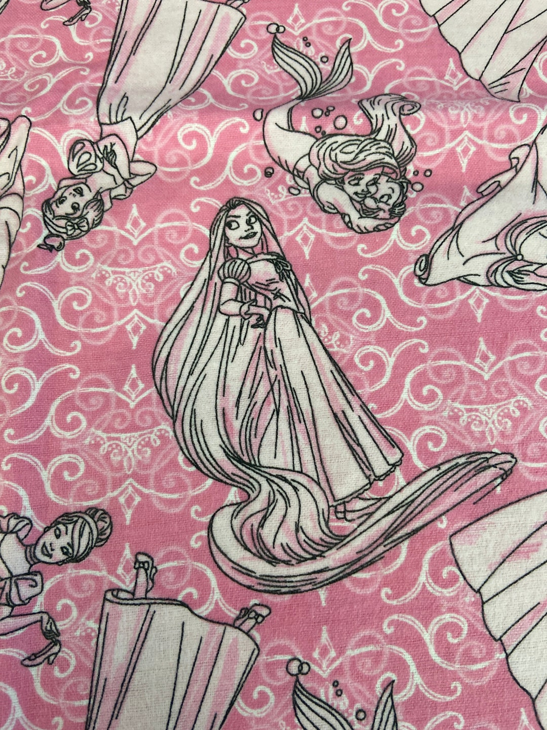 Disney Princess Flannel Fabric Material Pink Belle Ariel Snow Rapunzel ...