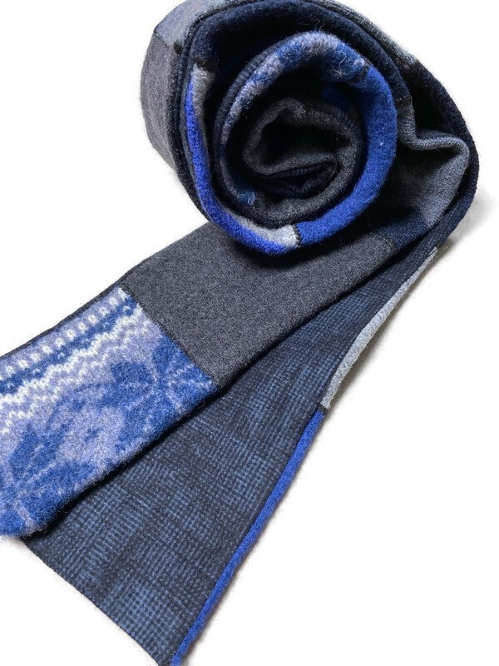 Repurposed Felted Wool Patchwork Scarf Blue Gray 3" X 73" Upcycled ...