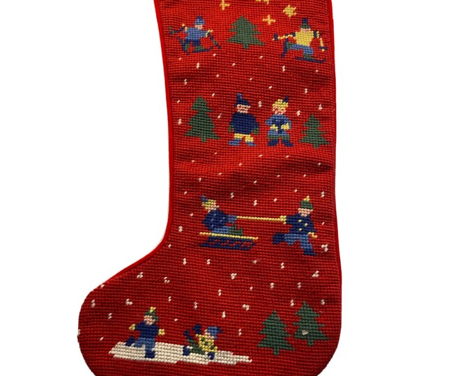 Needlepoint Christmas Stocking Snow Fun Red Kids Sledding - Etsy
