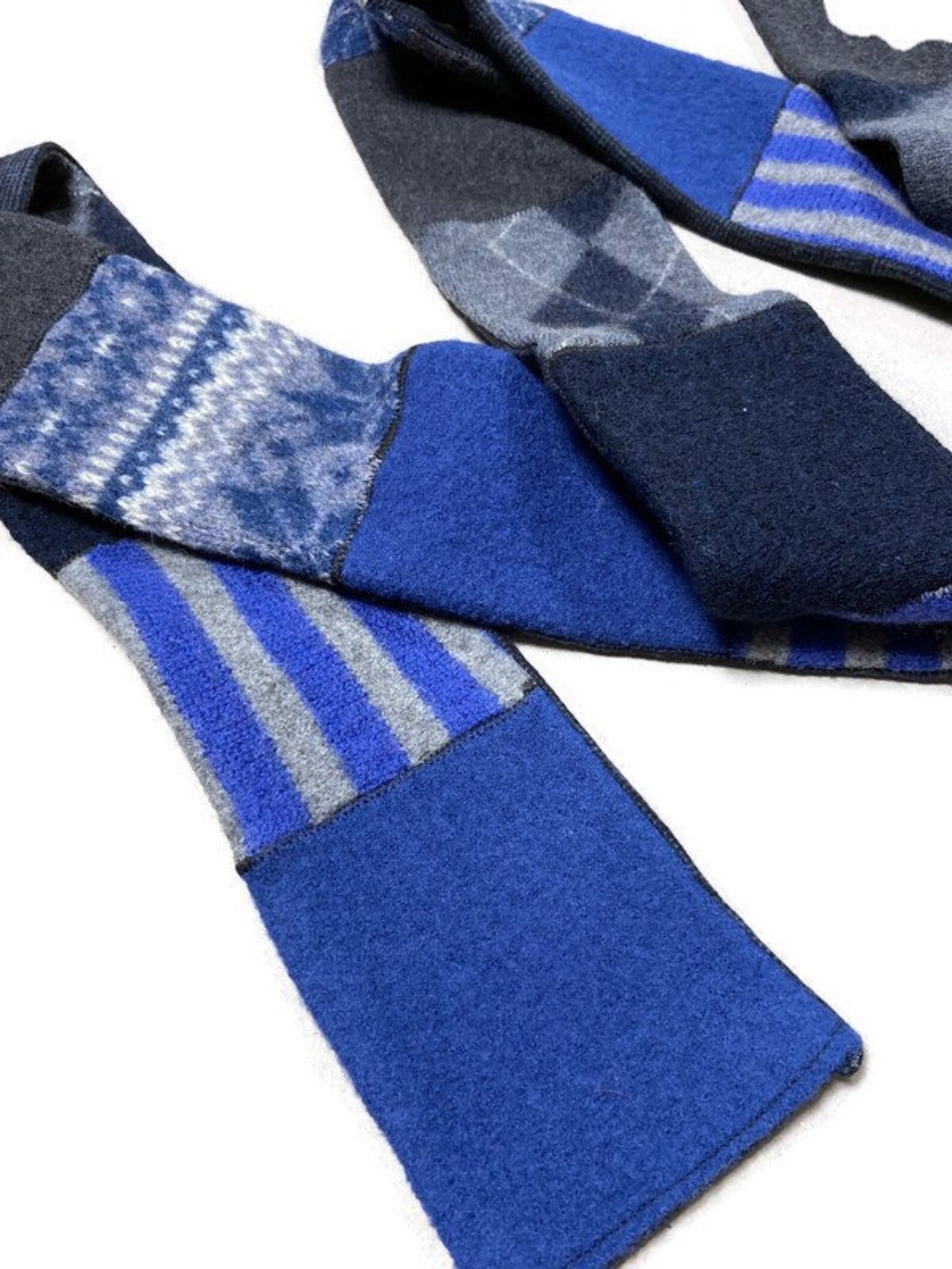 Repurposed Felted Wool Patchwork Scarf Blue Gray 3" X 73" Upcycled ...