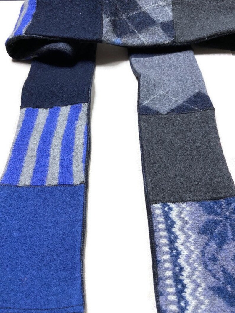Repurposed Felted Wool Patchwork Scarf Blue Gray 3" X 73" Upcycled ...