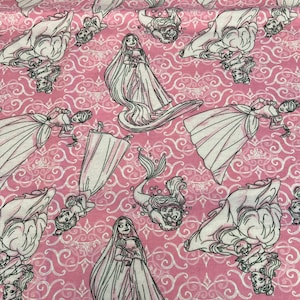 Disney Princess Flannel Fabric Material Pink Belle Ariel Snow Rapunzel ...