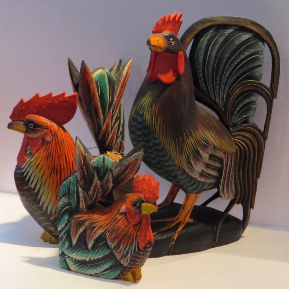 3 Wood Roosters Big Bold Vibrant Birds Super Decorators - Etsy