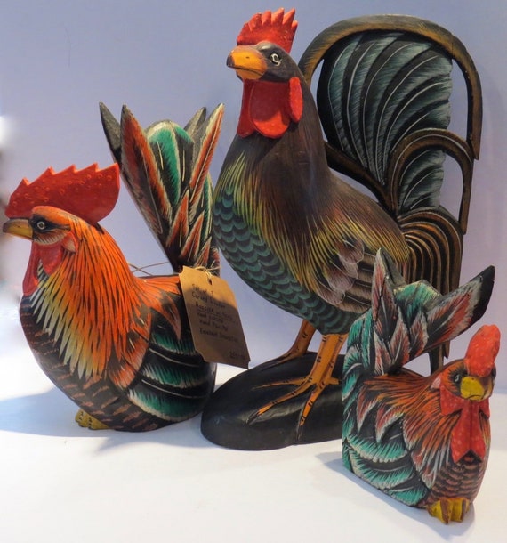 3 Wood Roosters Big Bold Vibrant Birds Super Decorators | Etsy
