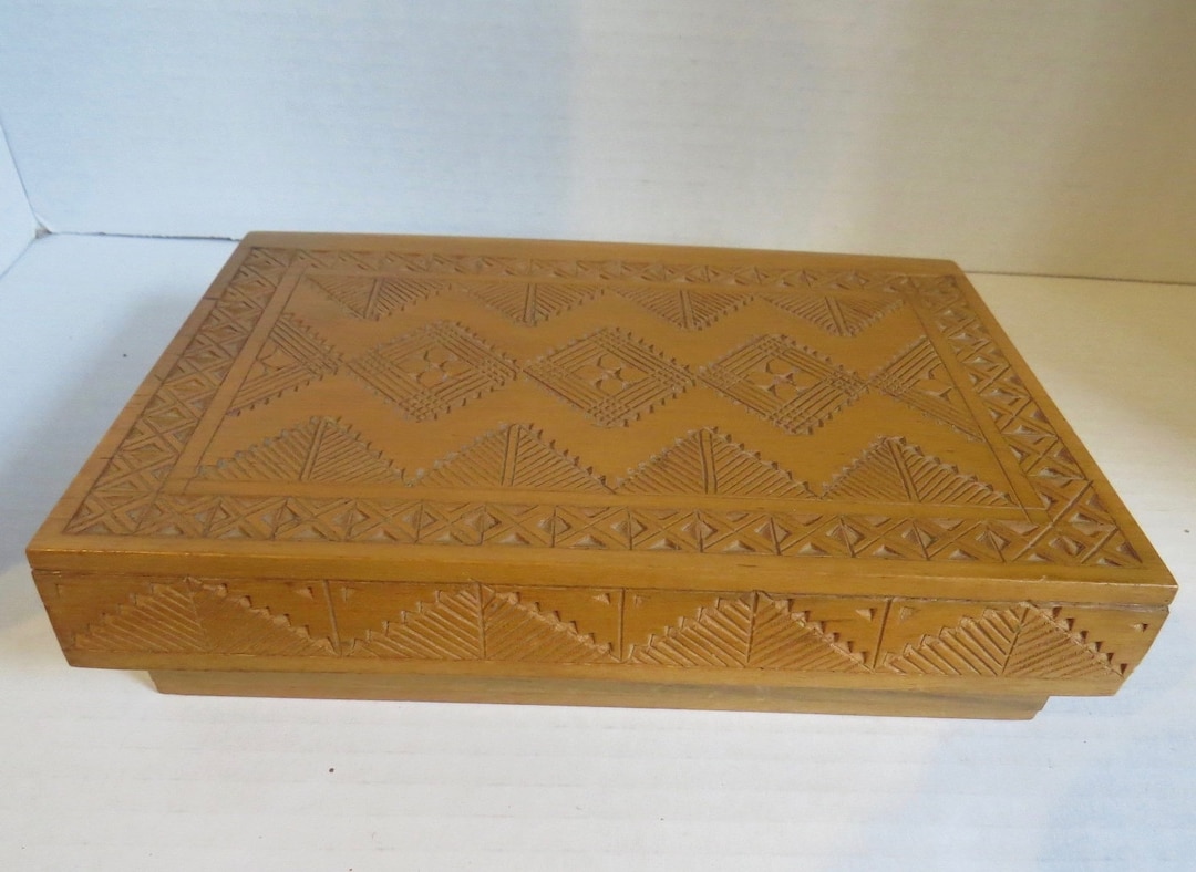 Hand Carved Vintage Wooden Stamp Box/jewellery Box/trinket Box/dresser ...