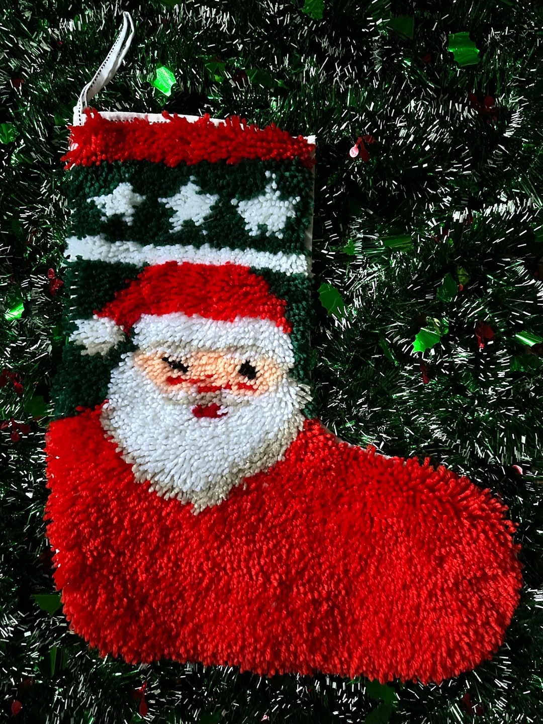 Handmade Christmas Santa Stocking - Latch Hook - Red, Green, White ...