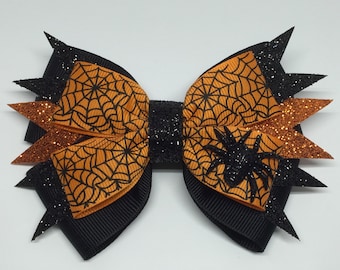Orange and Black Spiderweb With Spider Halloween Hair Bow Pair - Etsy