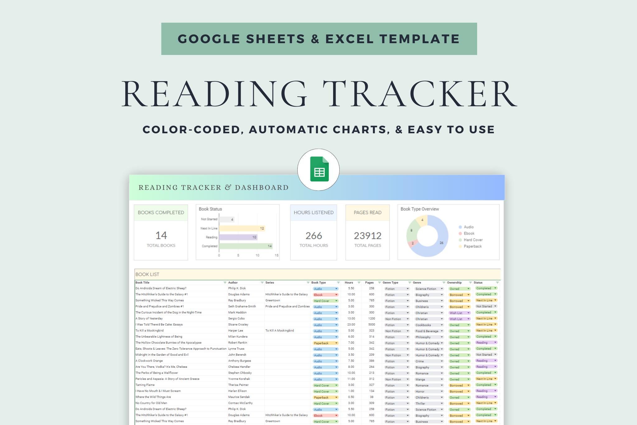 Reading Tracker Book Tracker Google Sheets Excel Spreadsheet Book ...