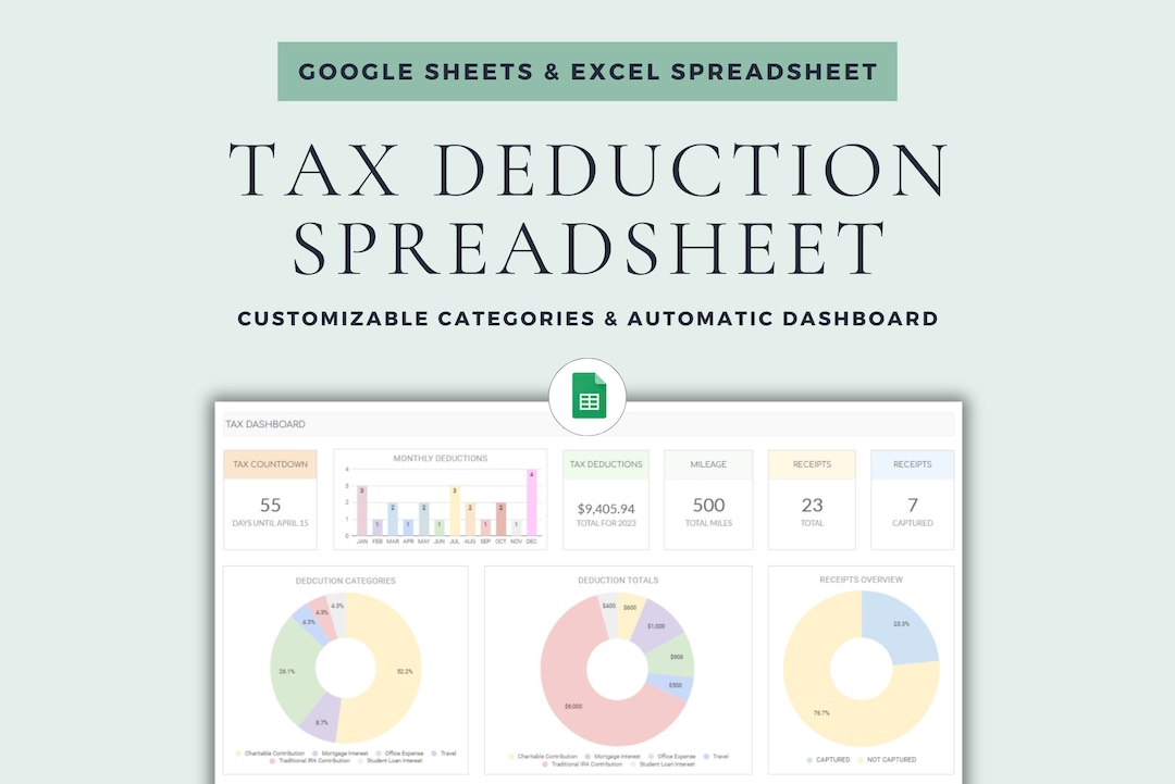 Tax Deduction Google Sheets & Excel Spreadsheet Tax Spreadsheet Tax ...