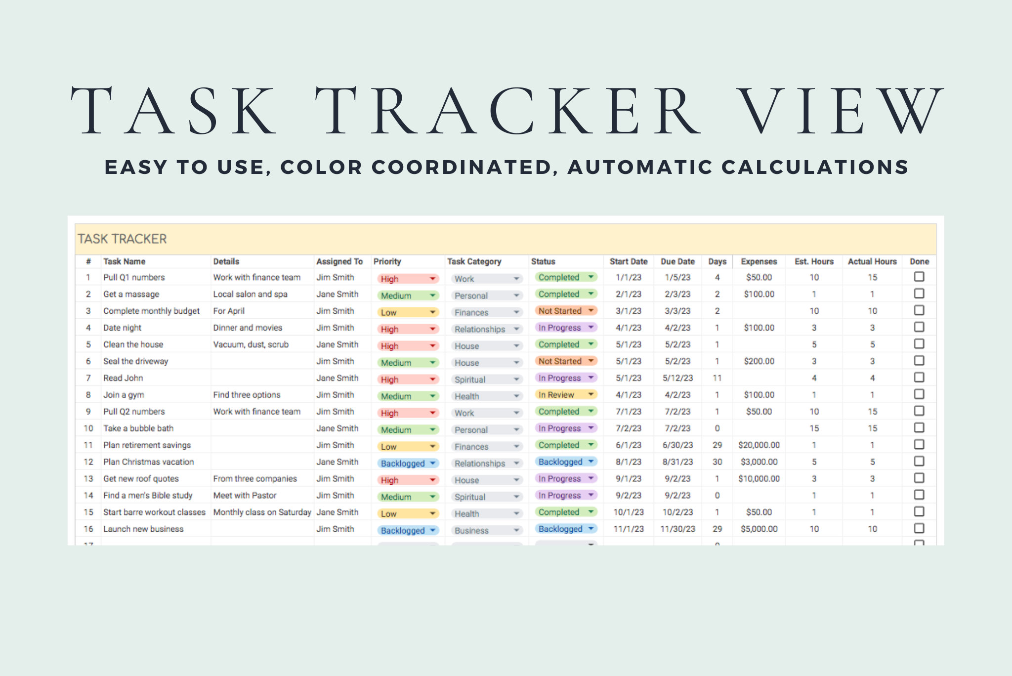 Task Tracking Spreadsheet Task Planner Digital to Do List - Etsy