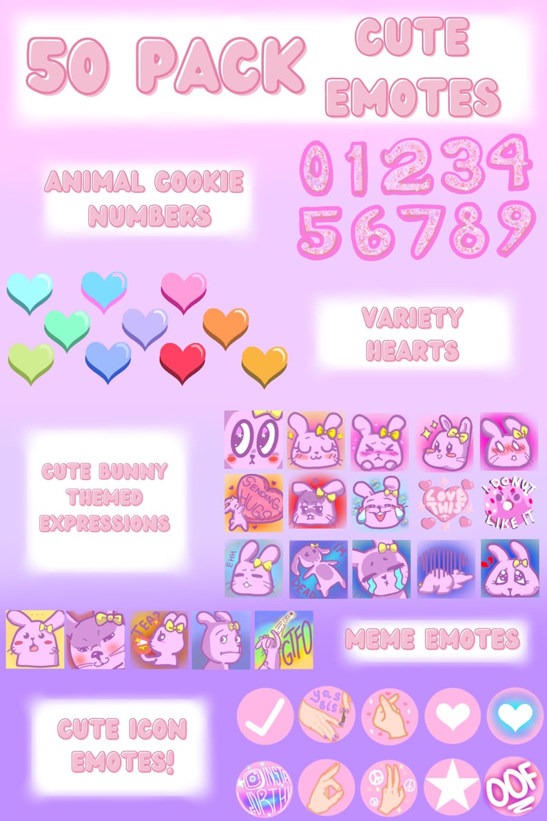 50 PACK CUTE EMOTES Discord Twitch Memes Reactions Hearts Numbers Icons ...
