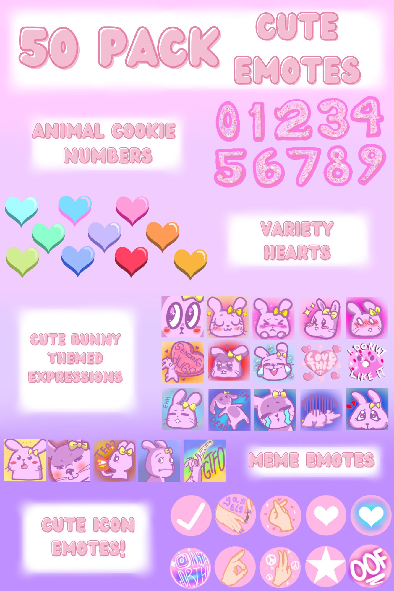 50 PACK CUTE EMOTES Discord Twitch Memes Reactions Hearts Numbers Icons ...