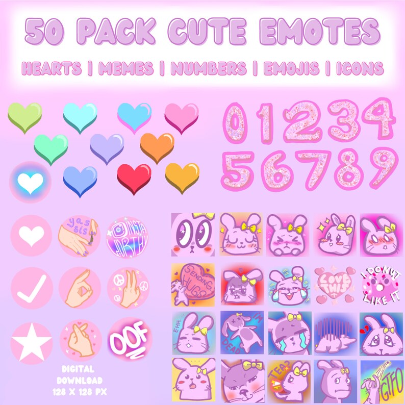 50 PACK CUTE EMOTES Discord Twitch Memes Reactions Hearts Numbers Icons ...