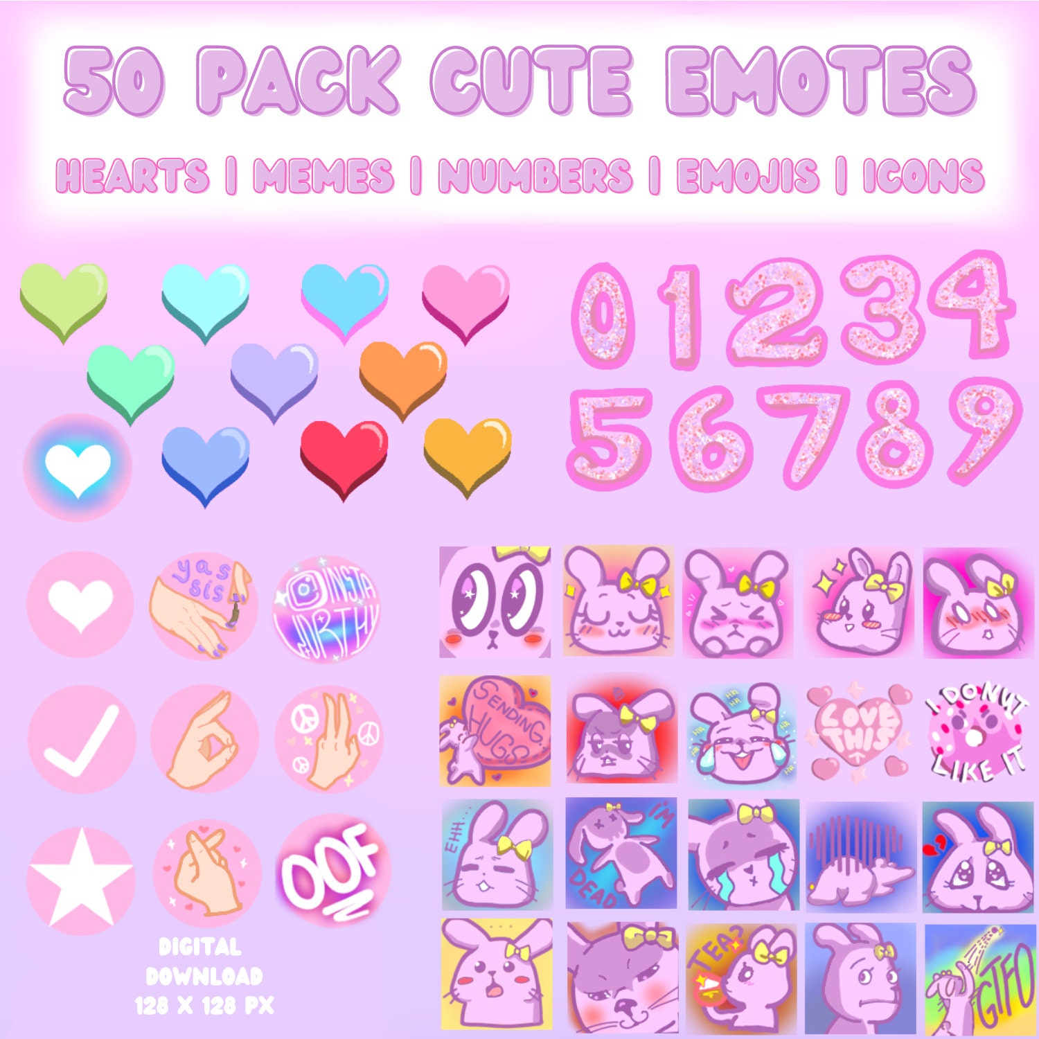 50 PACK CUTE EMOTES Discord Twitch Memes Reactions Hearts Numbers Icons ...