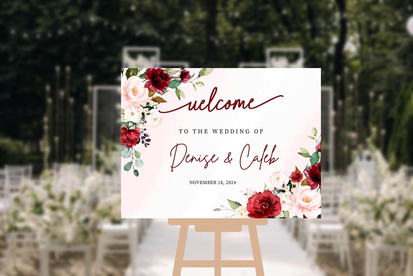 Custom Floral Wedding Welcome Sign, Burgundy Flowers Wedding Decor ...