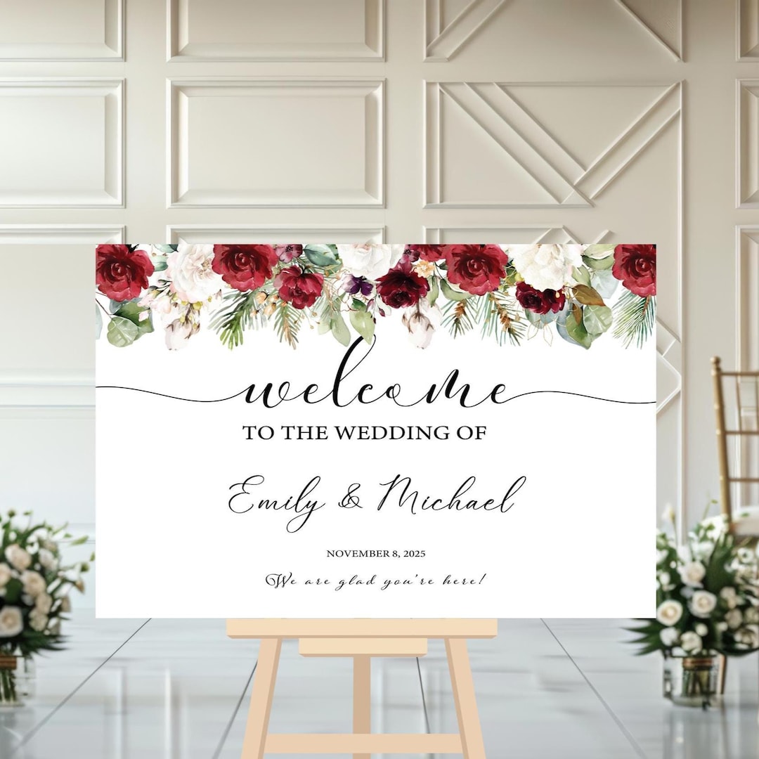 Winter Wedding Welcome Sign, Christmas Wedding Sign, Burgundy Florals ...