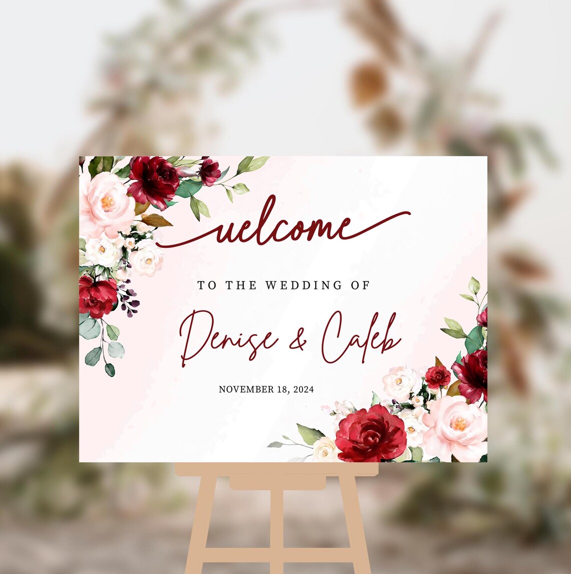 Custom Floral Wedding Welcome Sign, Burgundy Flowers Wedding Decor ...