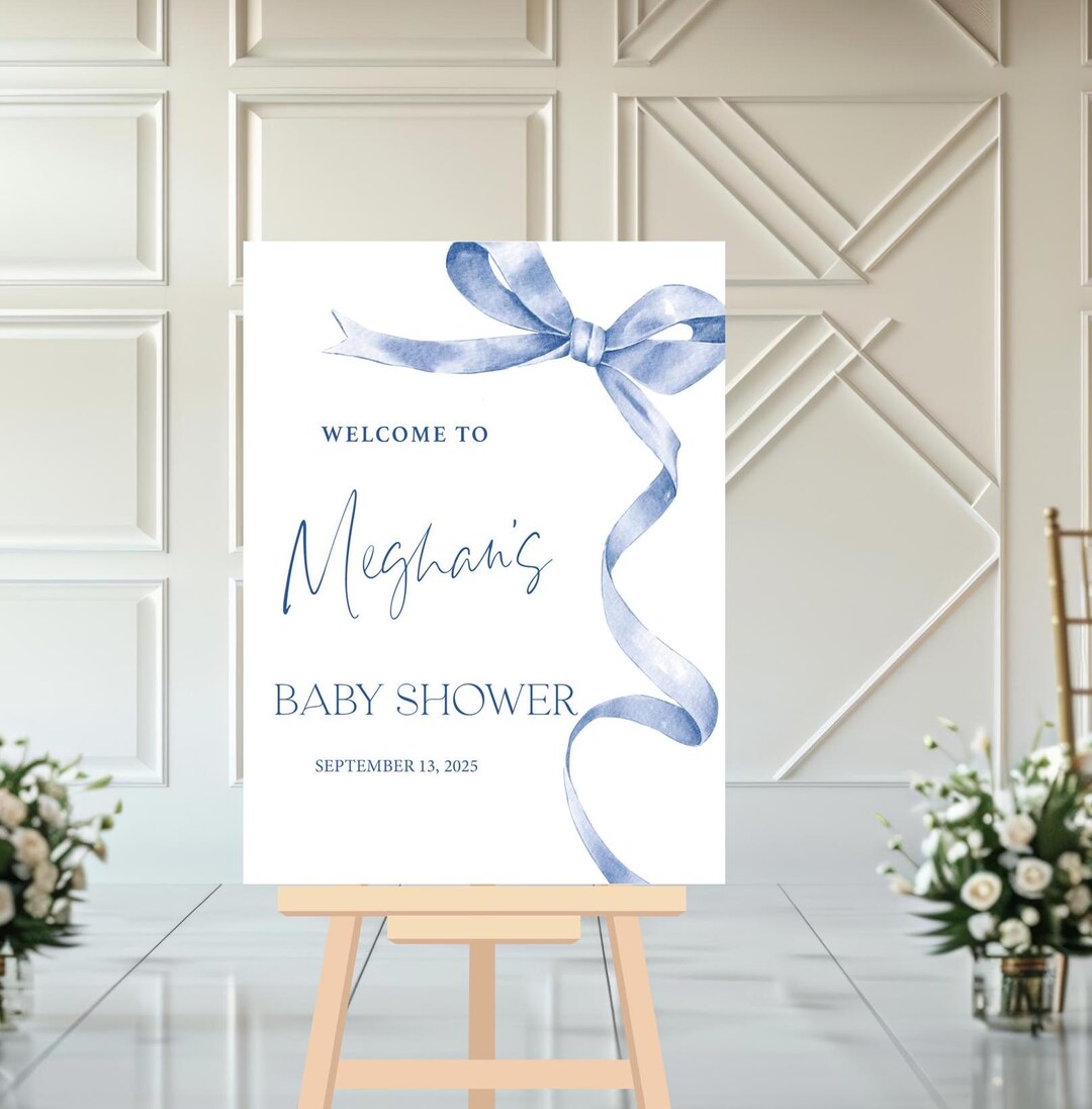 Dusty Blue Bow Baby Shower Welcome Sign, Coquette Baby Shower Welcome ...