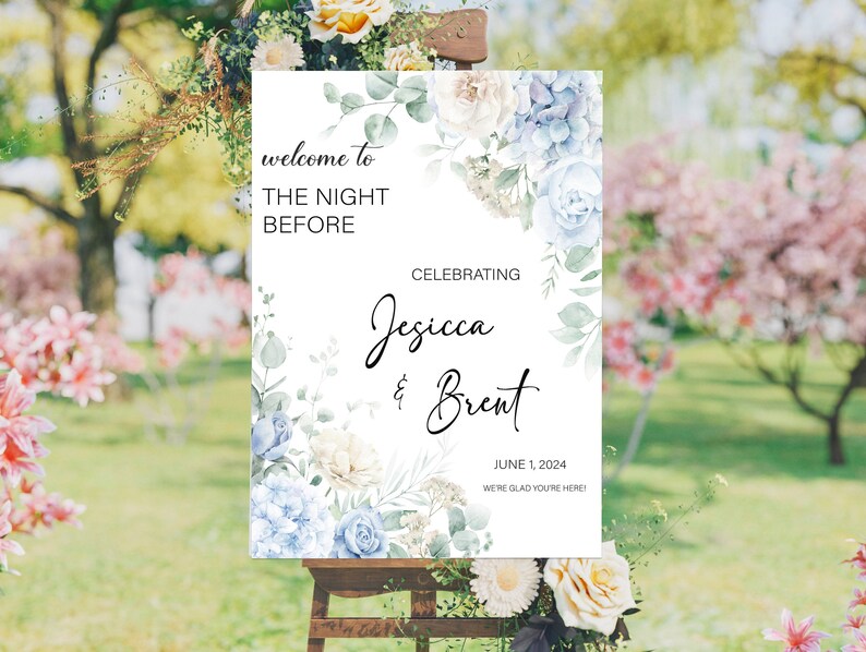 The Night Before Welcome Sign, Floral Blue Rehearsal Dinner Sign, the ...