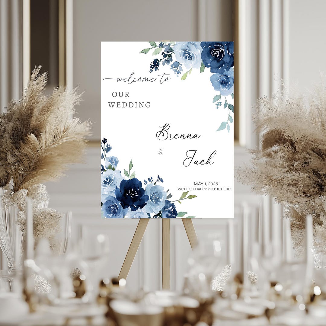 Blue Floral Wedding Welcome Sign Printed, Dusty Blue Floral Wedding ...