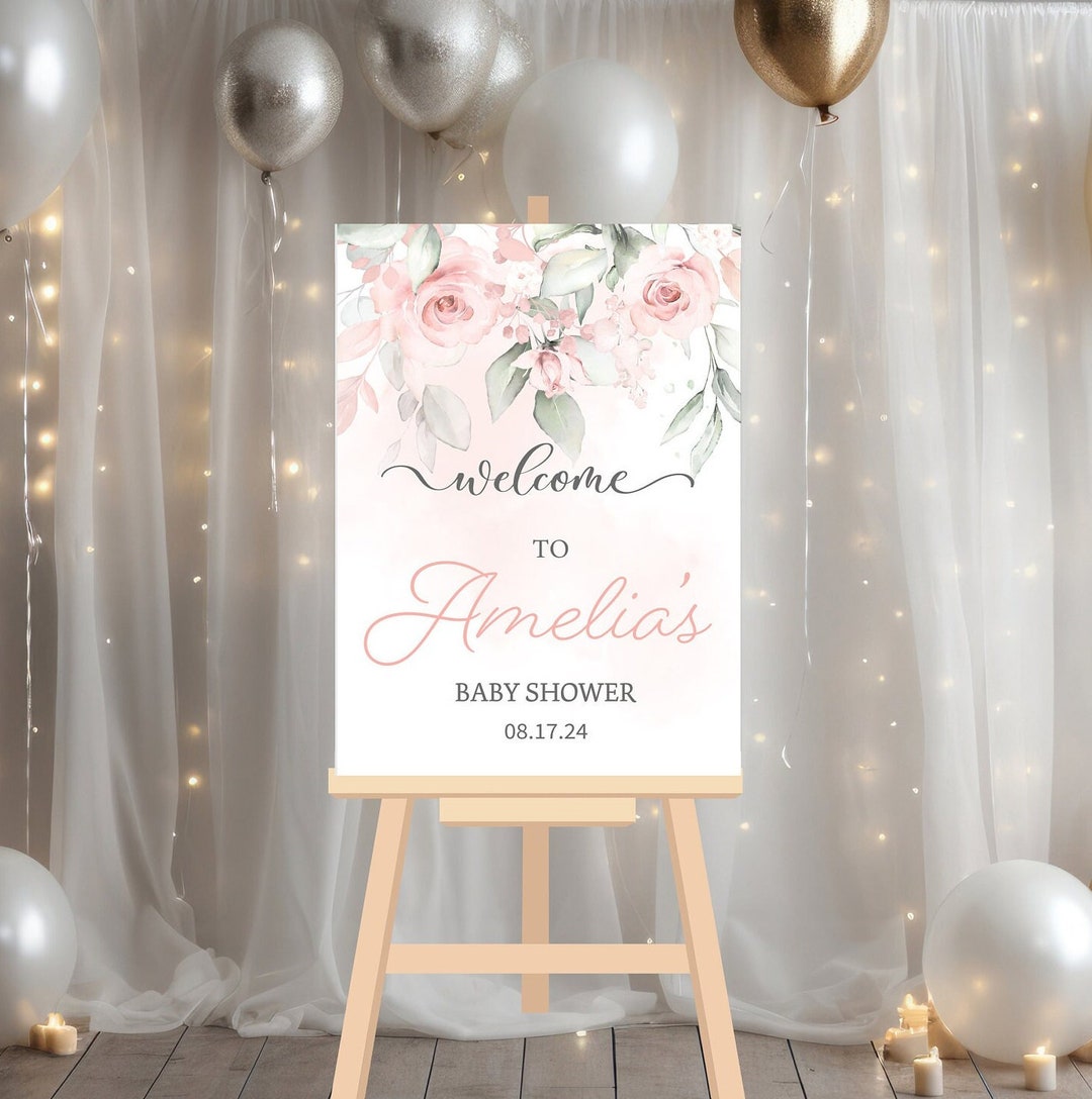 Floral Pink Rose Baby Shower Sign, Baby Shower Welcome Sign, Baby ...