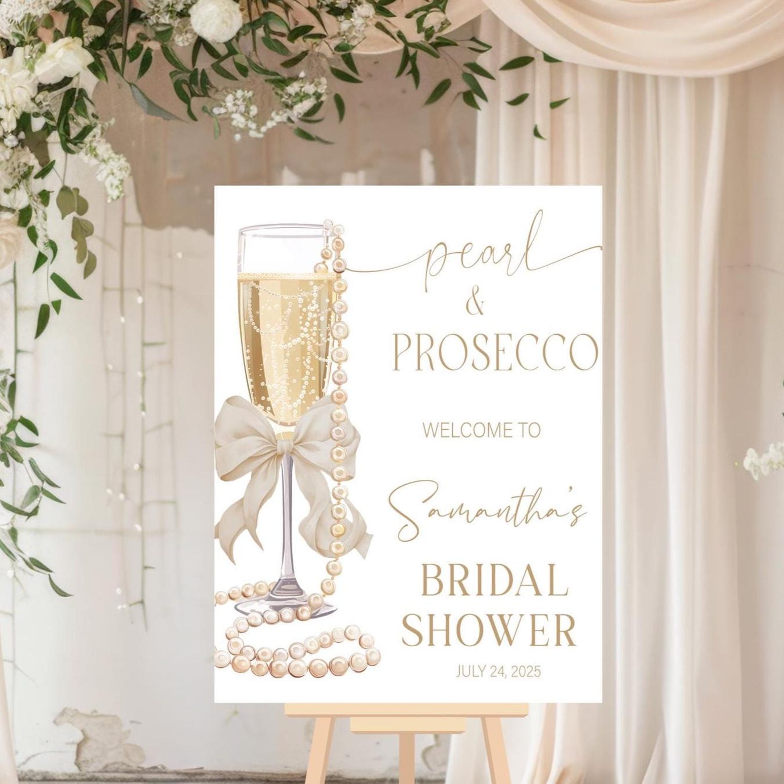 Pearls and Prosecco Bridal Shower Welcome Sign, White Bow Bridal Shower ...