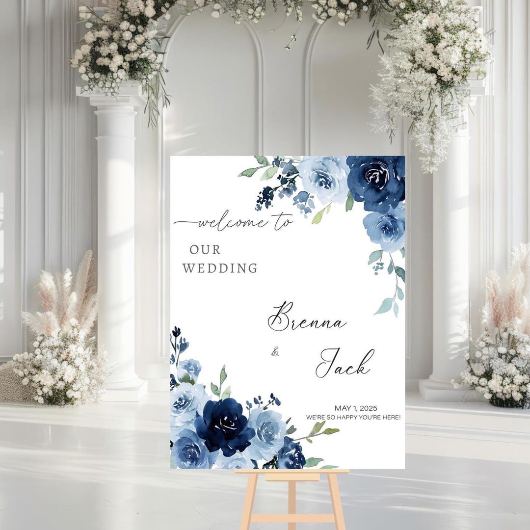 Blue Floral Wedding Welcome Sign Printed, Dusty Blue Floral Wedding ...