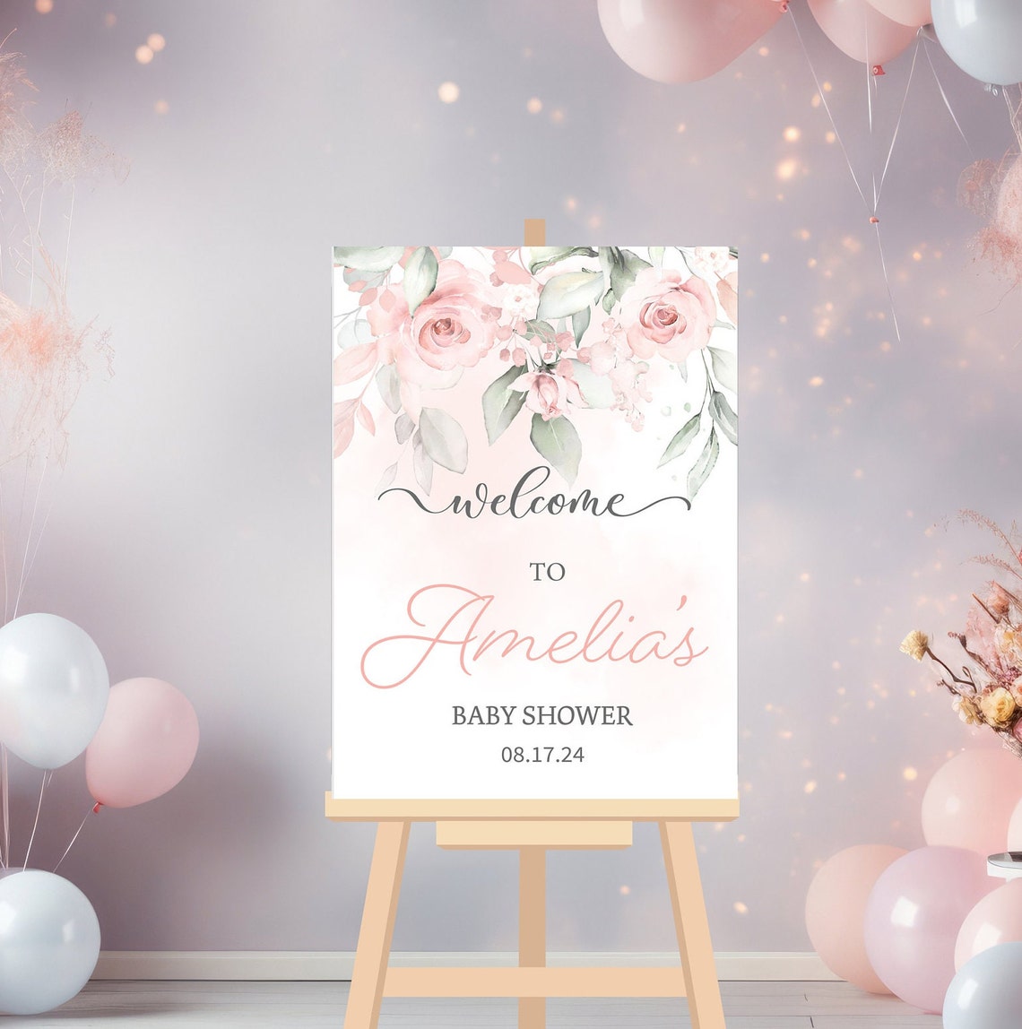 Floral Pink Rose Baby Shower Sign, Baby Shower Welcome Sign, Baby ...