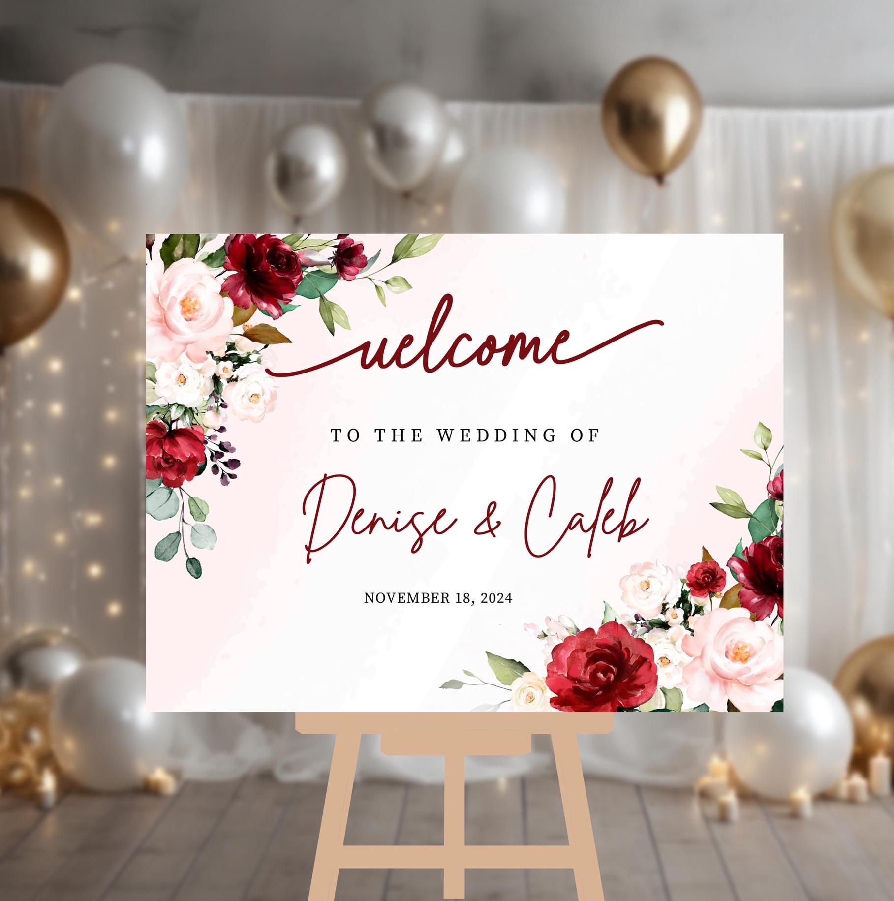 Custom Floral Wedding Welcome Sign, Burgundy Flowers Wedding Decor ...