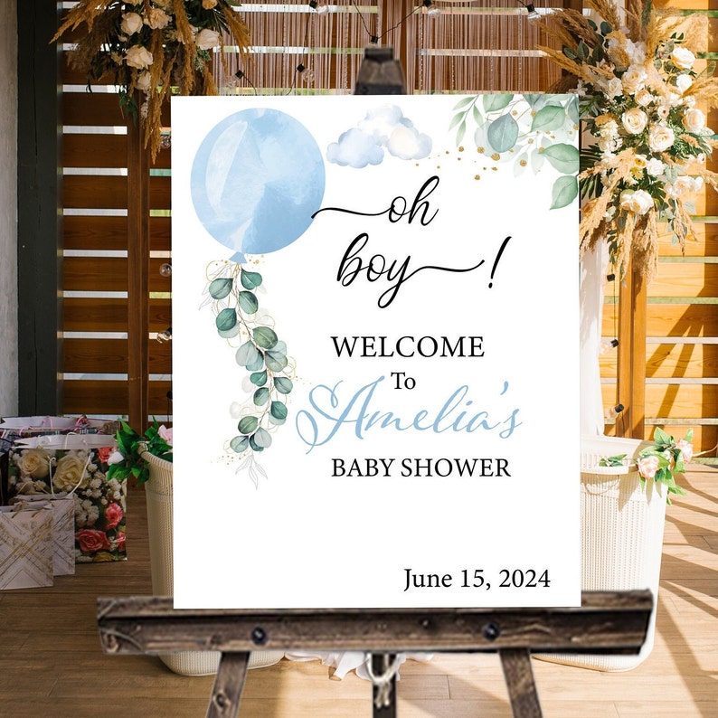 Blue Balloon Baby Shower Welcome Sign, Boy Baby Shower Sign, Oh Boy ...