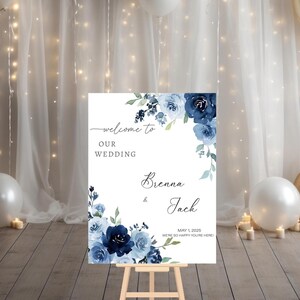 Blue Floral Wedding Welcome Sign Printed, Dusty Blue Floral Wedding ...