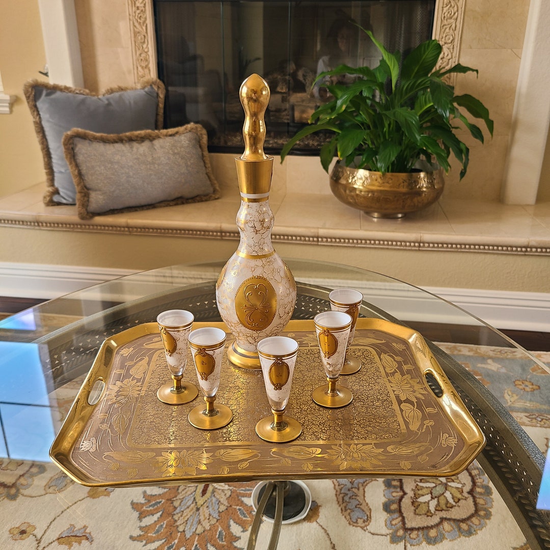Decanter Set, Cased Crystal, Limoncello Set. Bohemian Glass, White and ...