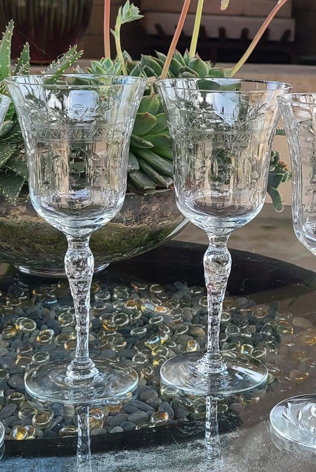Wine Glasses, PAIR, White Wine Glass, Crystal, Etch Design, Vines ...