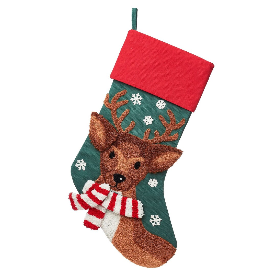 Festive Reindeer Embroidered Christmas Stocking - Winter Animal Rudolph ...