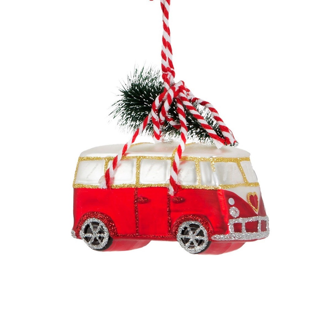 Red White Camper Van With Christmas Tree on Roof Hanging Bauble Winter ...