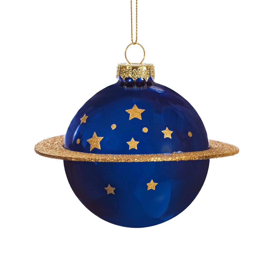 Planet Shaped Blue and Gold Glass Christmas Tree Bauble - Festive ...