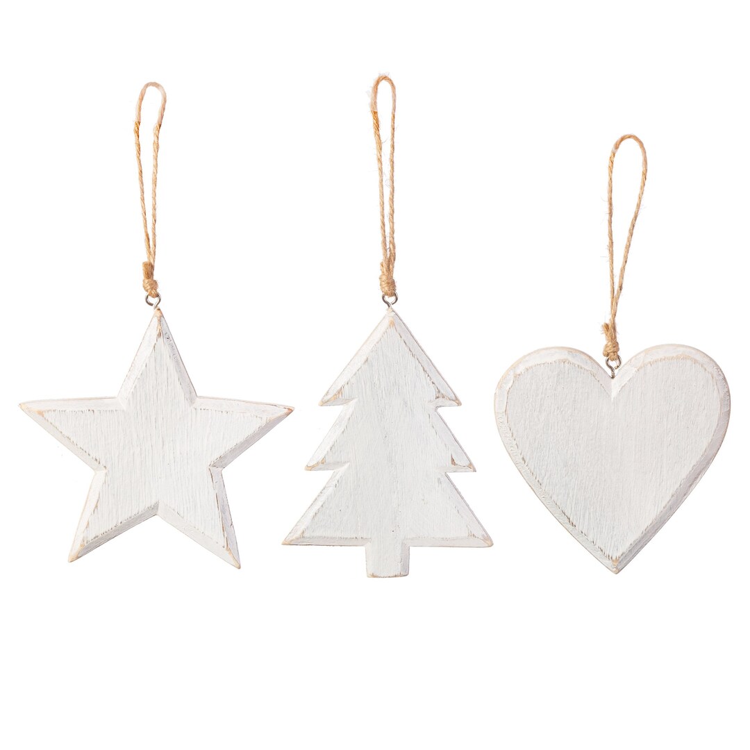 Whitewashed Wooden Christmas Tree Decorations (set of 3) - Festive ...