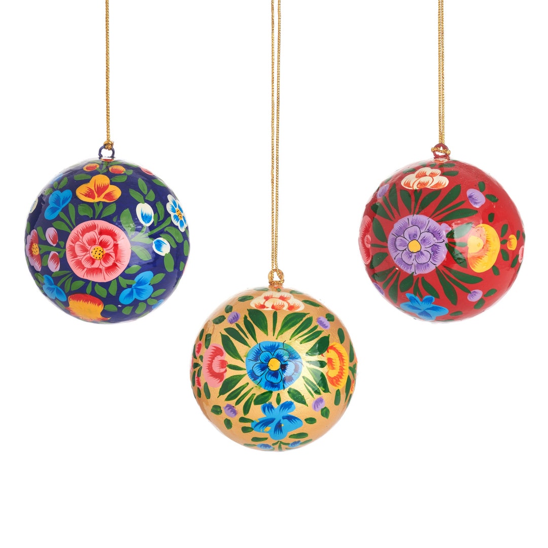Kashmiri Folk Floral Papier-mâché Christmas Tree Decorations - Festive ...
