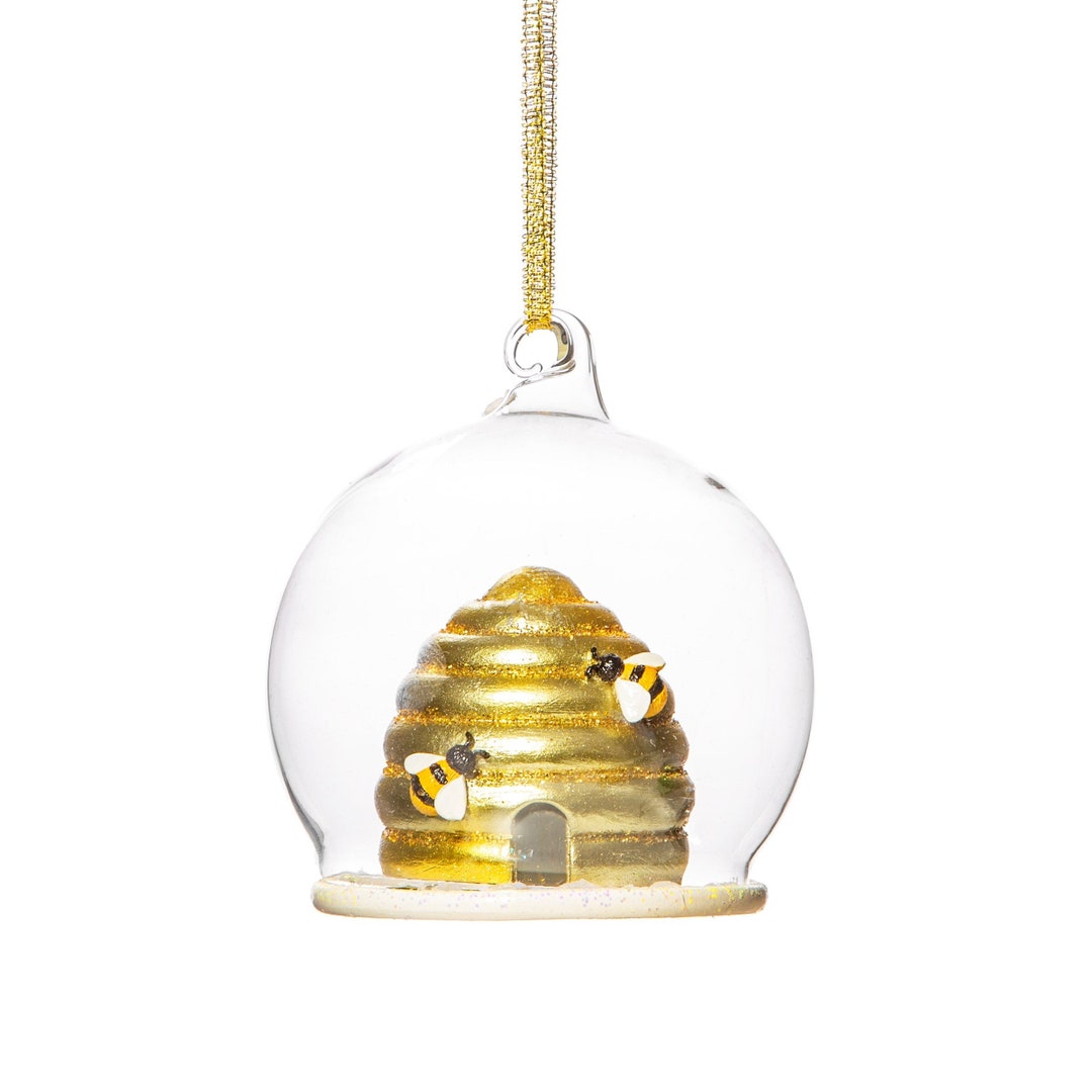 Beehive and Bees Glass Bauble Christmas Tree Decoration Festive Winter ...