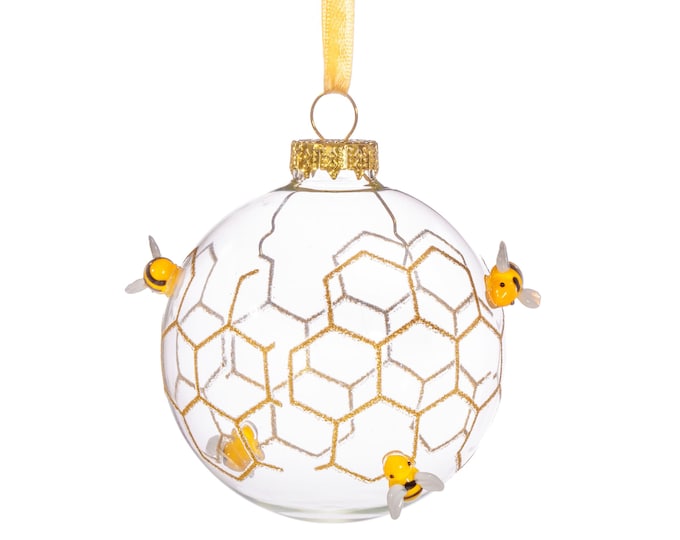 3D Bees and Flowers Design Glass Christmas Tree Bauble Festive Winter ...