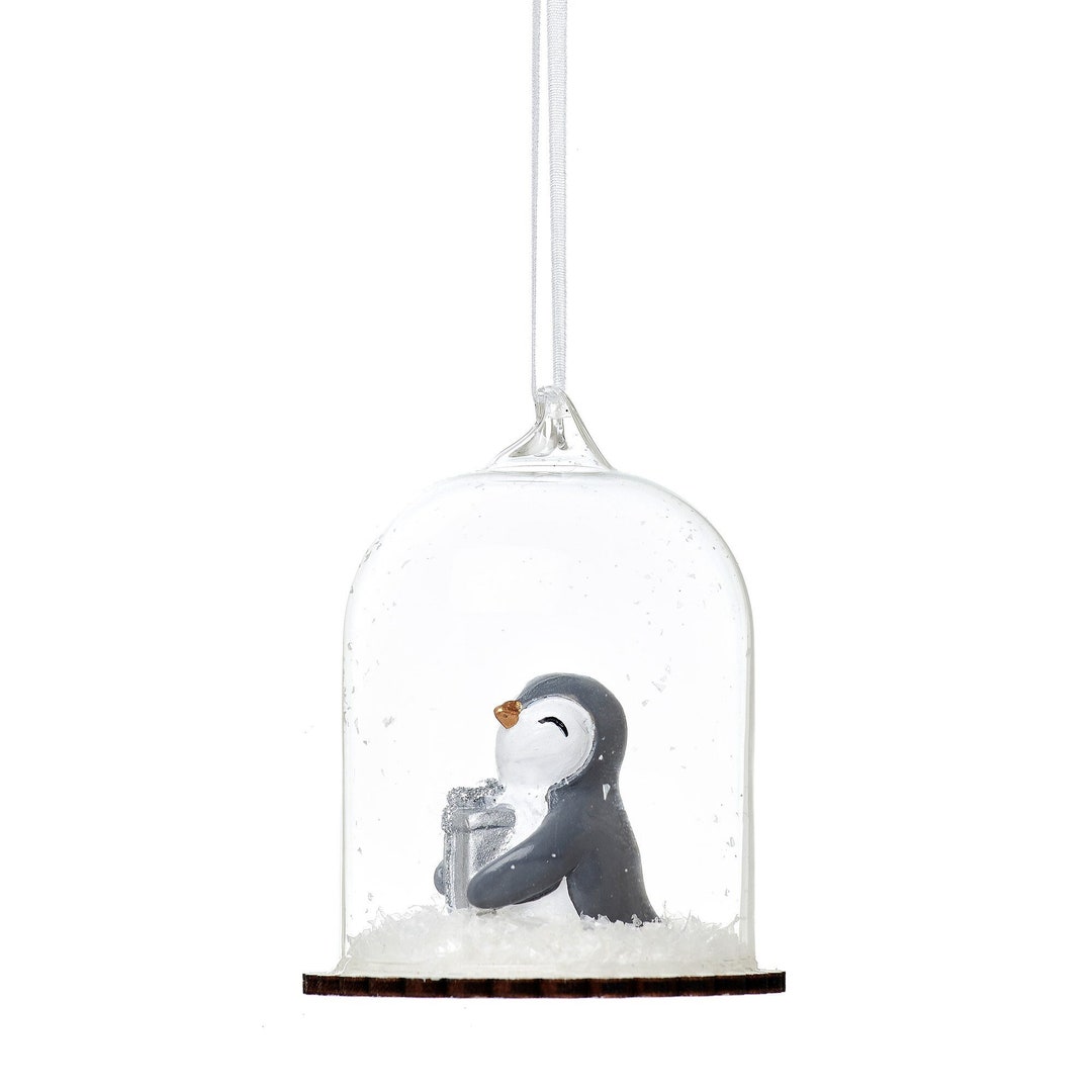 Cute Penguin With Gift in Snow Dome Glass Christmas Tree Hanging Bauble ...