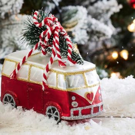 Red White Camper Van With Christmas Tree on Roof Hanging - Etsy UK