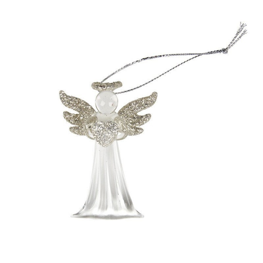 Clear Glass Angel With Silver Glitter Heart and Wings Christmas Tree ...