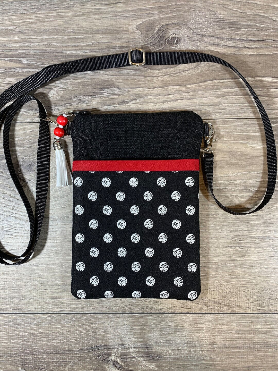 Crossbody Bag, Black and White Dots With Red Trim, Cell Phone Bag, Padded Phone Bag, Small ...
