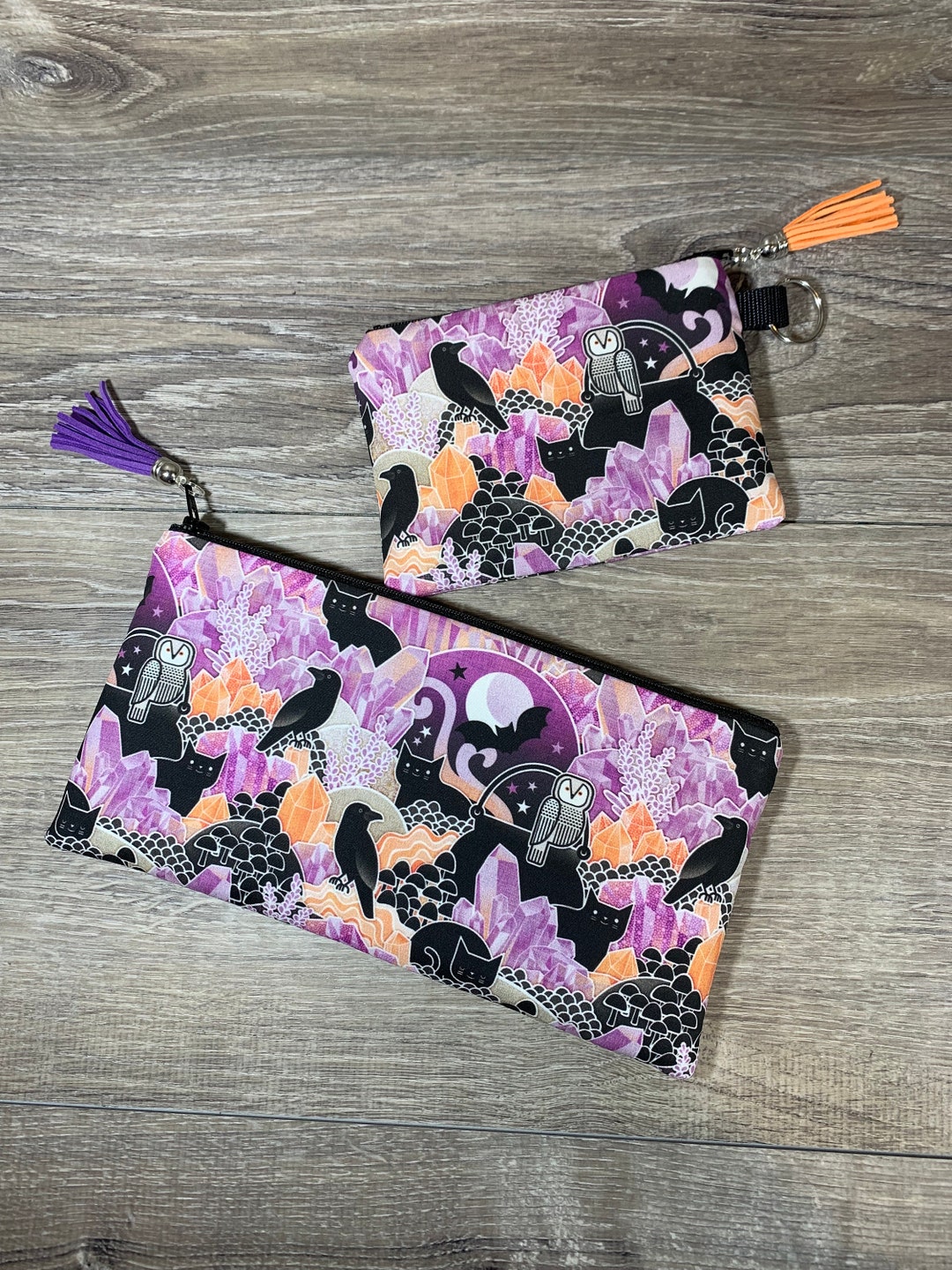 The Witches Pets, Zipper Pouches, 2 Sizes, Black Cats Crows Ravens Owls ...