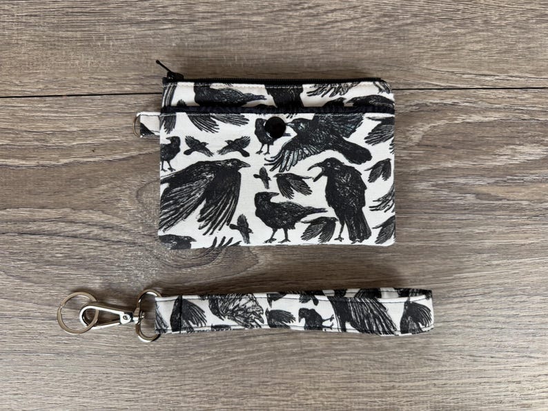 Crow Print ID Wallet, Zipper Pouch With Wristlet - Etsy