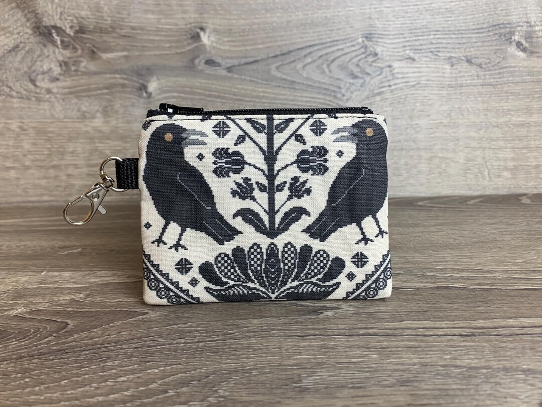 Crow Linen Coin Purse, Raven Zipper Pouch, Folk Floral Small Wallet - Etsy
