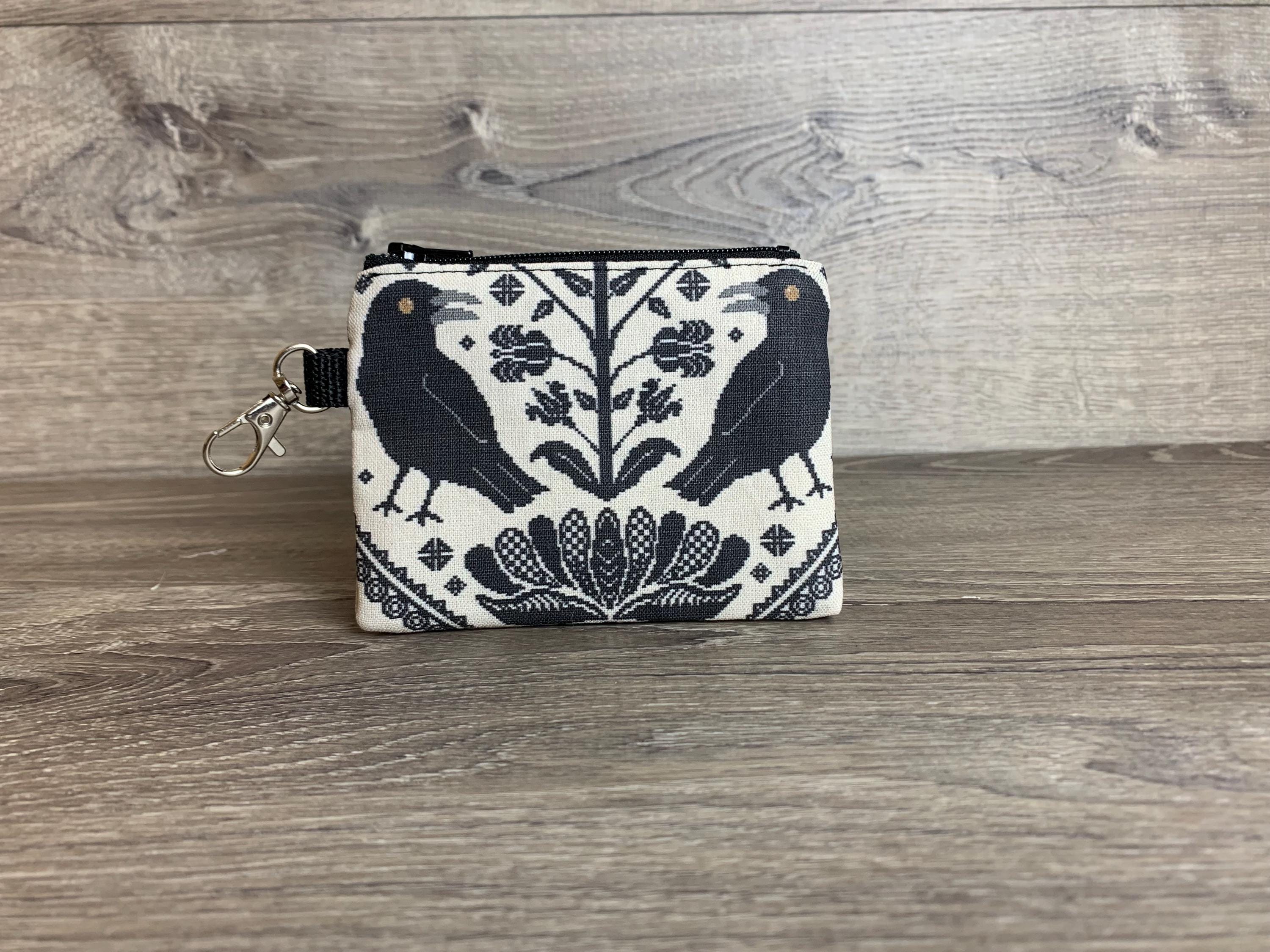 Crow Linen Coin Purse, Raven Zipper Pouch, Folk Floral Small Wallet - Etsy