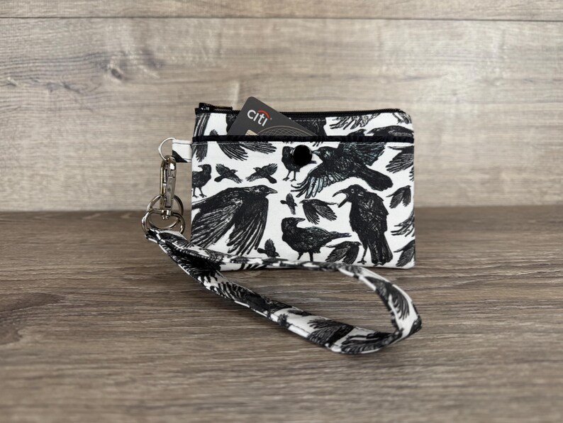 Crow Print ID Wallet, Zipper Pouch With Wristlet - Etsy