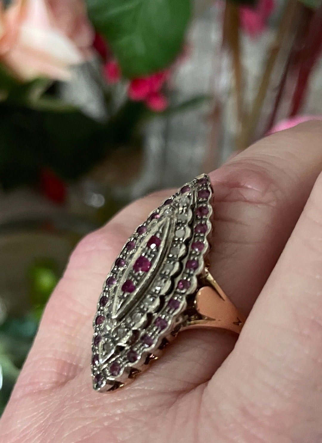 Ruby and Diamond Navette Ring - Etsy